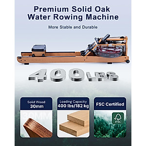 TOPIOM Water Rowing Machine for Home Use, Solid Wood Rower Machine with Upgraded Handle and Adjustable Footpad, TM3 Dedicated Monitor & Bluetooth Connection (Oak Pro)