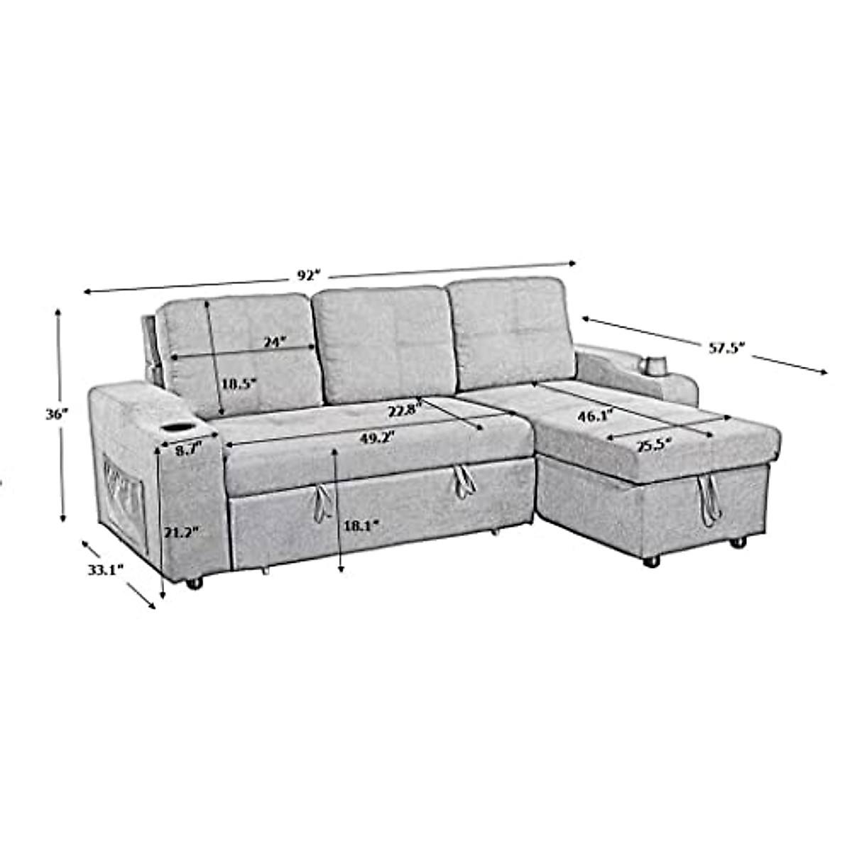 Eafurn L-Shaped Convertible Sleeper Sectional Sofa Couch Bed w/Chaise Lounge & Cup Holders, Reversible Corner Couch w/Pull Out Bed& Storage, 4 Seater Tufted Pullout Sofabed for Living Room Office