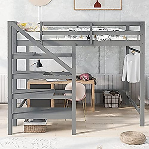 Harper & Bright Designs Full Size Loft Bed with Stairs and Hanging Rod, Wooden Full Loft Bed Frame with Storage Shelf, High Loft Beds for Kids Boys Girls Teens Dorm Bedroom (Full, Gray)