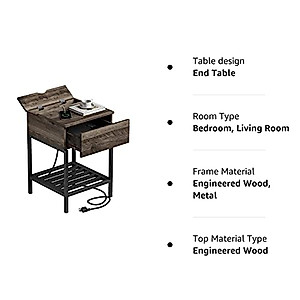 ChooChoo Nightstand with Charging Station and USB Ports, Rustic Side End Table with Drawer and Metal Shelf, Bedside Table for Small Spaces, Bedroom, Grey