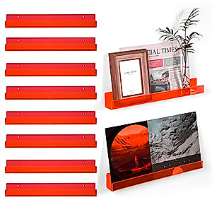 MITIME 8 Pack 15 Inch Acrylic Invisible Kids Floating Bookshelf for Kids Room,Clear Acrylic Picture Ledge Vinyl Record Display Shelf Nail Polish Holder with. (8, Clear Red)