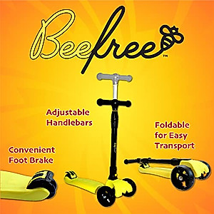 Bee Free 3 Wheel Kick Scooter for Toddlers and Kids, Adjustable Handlebars, Light Up LED Wheels, Foldable, Rear Foot Brake, Wide Stable Deck, Boys and Girls Ages 2-5, Up to 100 LBS, Yellow