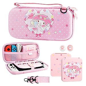 GLDRAM Pink Carrying Case Bundle for Nintendo Switch & OLED Modle, Cute Anime Switch Travel Case with Bunny, Portable Carrying Accessories Kit with Shoulder Strap, Game Card Case, Thumb Grip Caps
