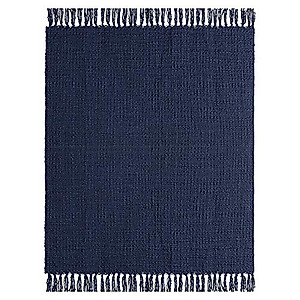 Chunky Knit Throw Blanket, Navy Blue Soft Warm Cozy Bed Throw Blanket with Tassels, Boho Style Textured Knitted Home Decorative Blanket for Couch, Sofa &Bed, 50"x60"