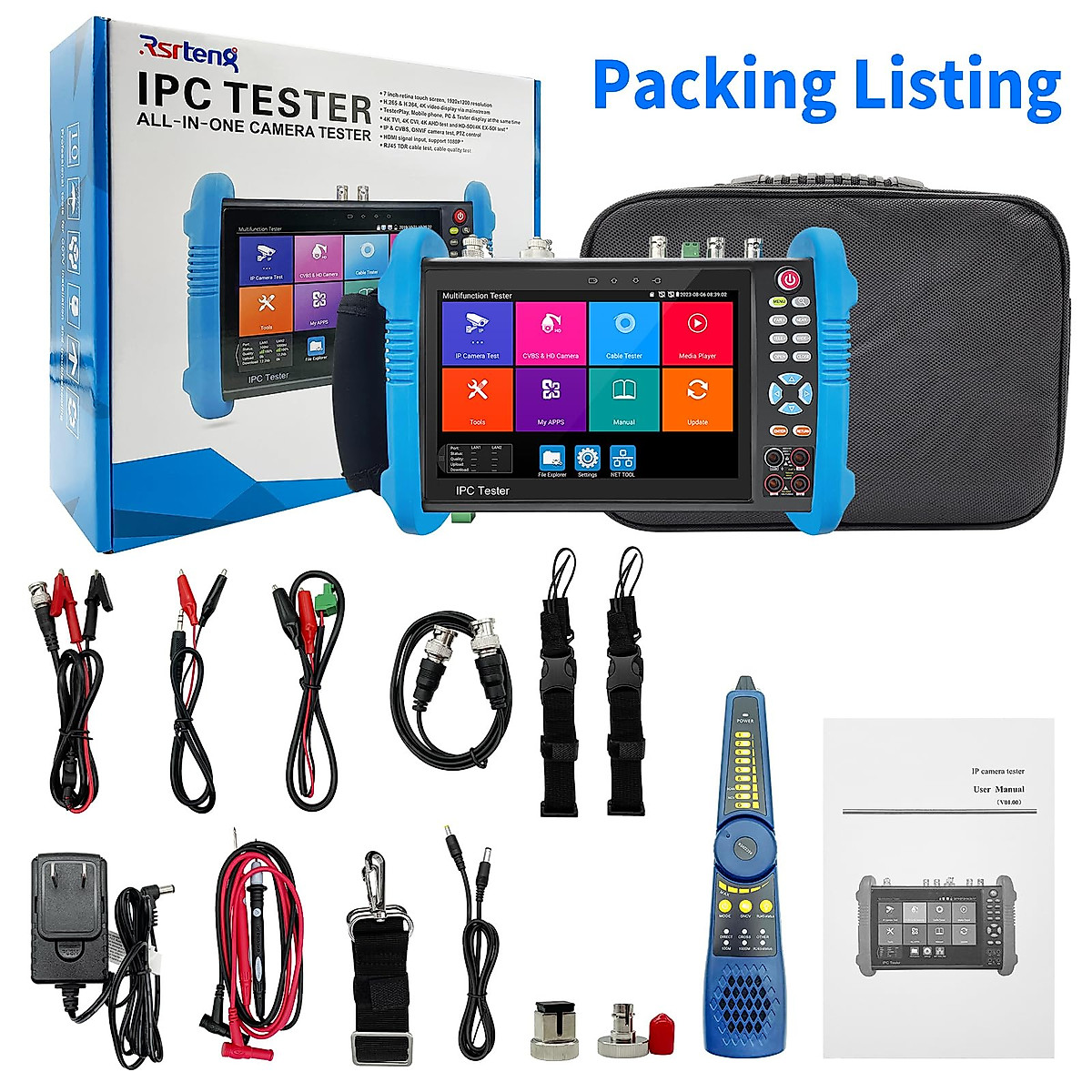 Rsrteng IPC-9800MOVTADHS Pro Full Features CCTV Camera Tester 8K 32MP IP Camera Tester 7-inch IPS Touch Screen Monitor CCTV Tester with 4K HD-TVI CVI AHD SDI Support DMM OPM VFL TDR Features POE HDMI