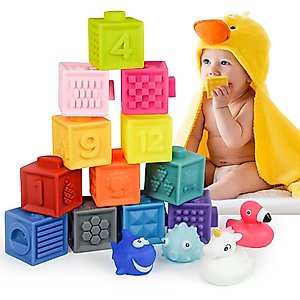 Woby 16 PCS Baby Blocks Soft Building Blocks Baby Toys Teethers Toy Stacking Bath Toys Learning Toys with Numbers Animals Fruits for Infants Toddlers Age 6 to 12 Months Up
