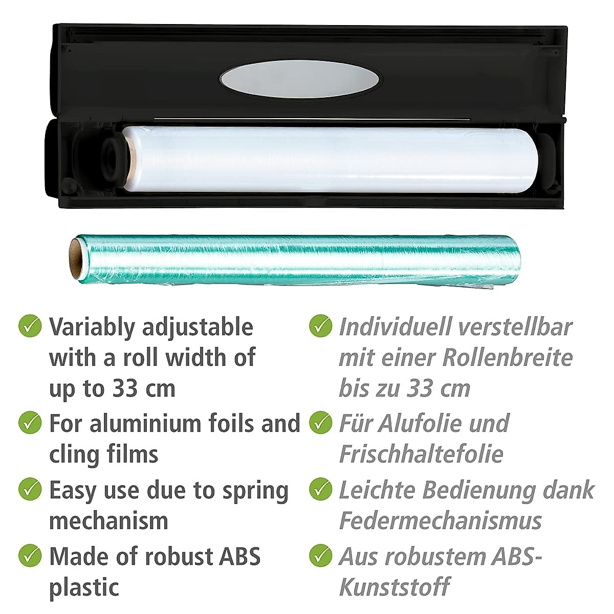 WENKO Plastic, Cling Film Holder, Refillable Aluminum Foil Wrap Dispenser with Slide Cutter for Kitchen Organization, 14.96 x 2.05 x 2.64 in, Black