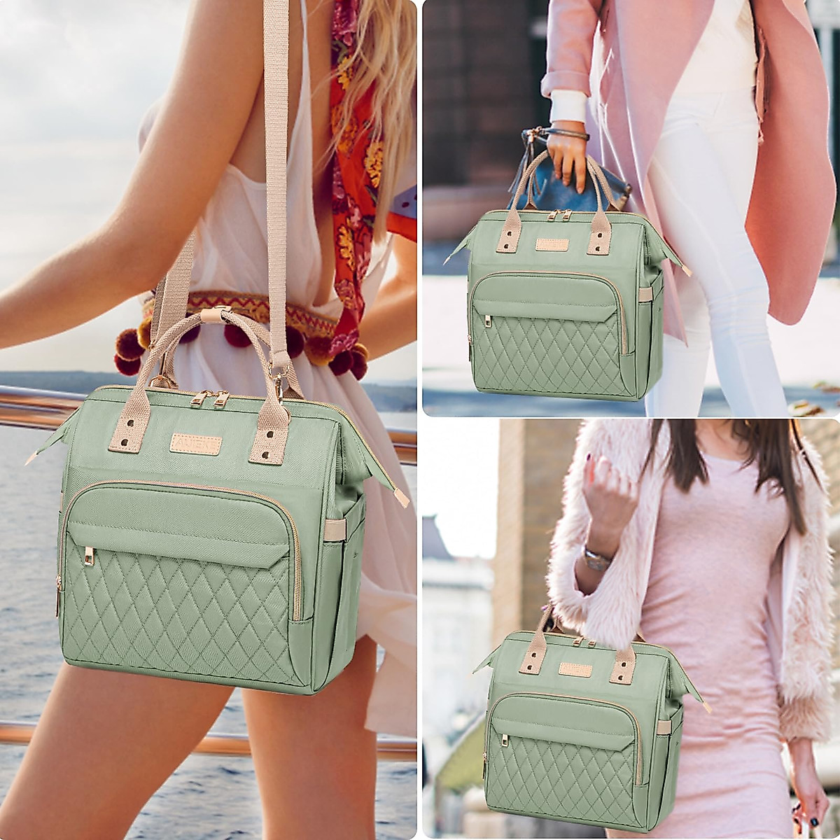 AIJIEKE Lunch Bag for Women, Large Lunch Box for Work Insulated Lunch Bag, Adult Leakproof Lunch Tote Cooler Bag with Side Pockets & Adjustable Strap, Lunch Purse for Picnic Beach, Green