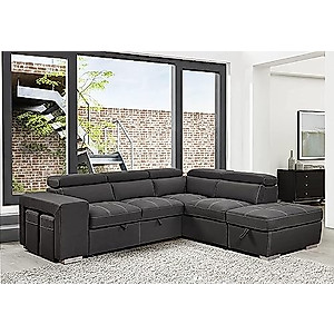 FULife 105" w L-Shaped Modular Reversible Sectional Corner Sofa with Pull Out Sleeper Bed,Adjustable Headrest,Storage Ottoman and 2 Stools,Multi-Functional Convertible Upholstered 5-Seat Sofá&Couch