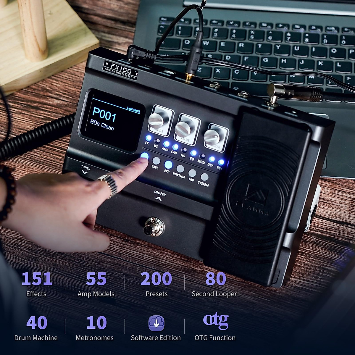 FLAMMA FX100 Guitar Multi-effects Pedal with 55 Amp Models 151 Built-in Effects 80' Looper 40 Drum Machine 10 3rd Party IR Slots Headphone OTG for Home Practice Performance Live Streaming