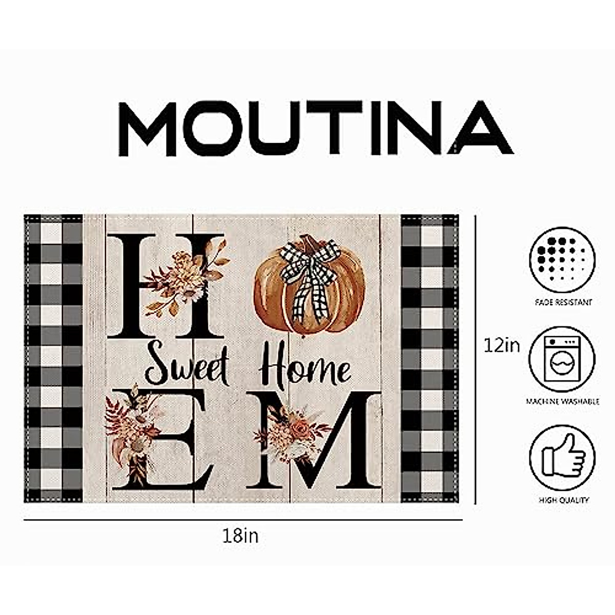 Fall Placemats Set of 4,12x18 Inch Home Sweet Home Buffalo Plaid with Pumpkin Heat-Resistant Place Mats,Seasonal Autumn Table Decors for Farmhouse Kitchen Dining Thanksgiving Holiday Party