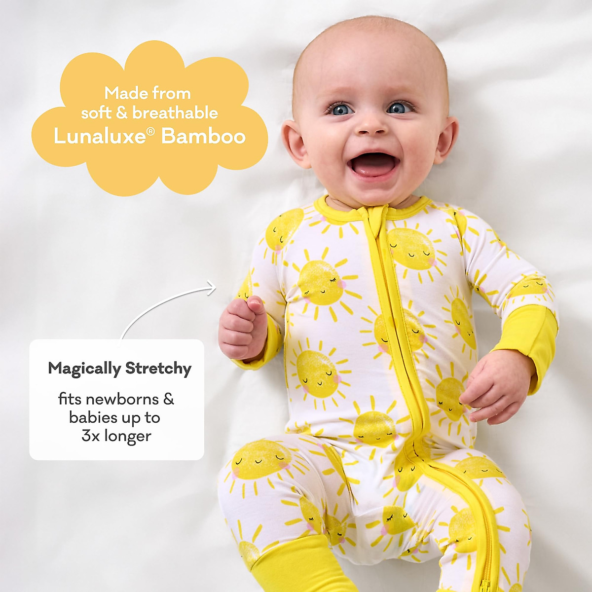Little Sleepies Baby Pajama Unisex, Bamboo Viscose Zippy PJs, Sunshine, 3-6M