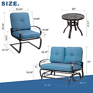 JY QAQA 4Pcs Outdoor Patio Furniture Conversation Sets (Glider Loveseat, Coffee Table, 2 Spring Chairs) Wrought Iron Frame Chair Set with Cushions for Patio, Garden and Backyard (Peacock Blue)