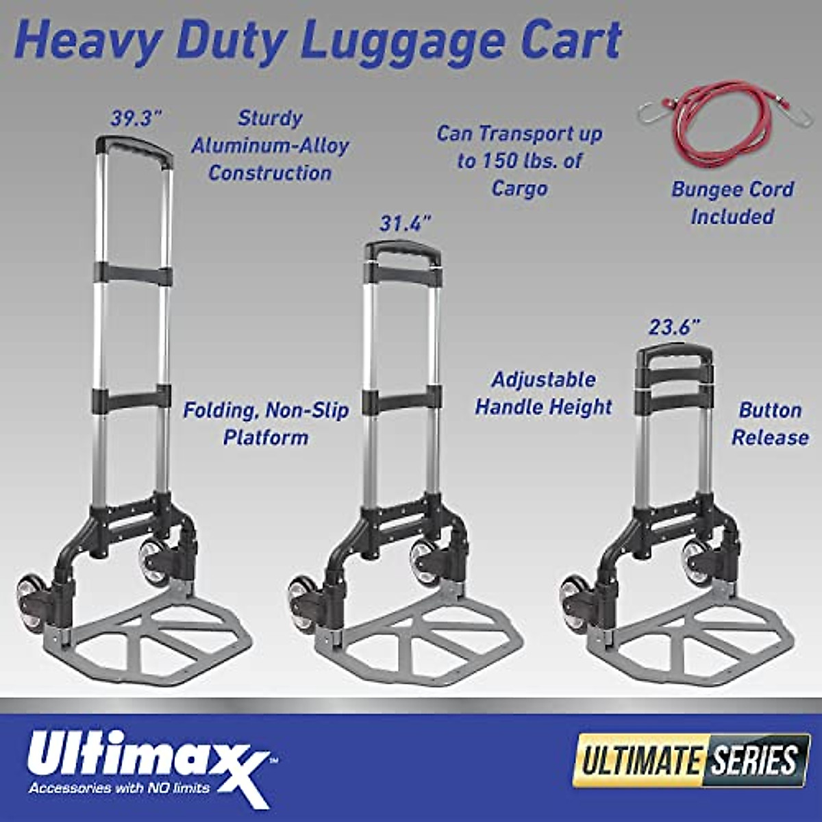 Ultimaxx Professional Heavy-Duty 150 Pound (lb) Capacity Aluminum Folding Hand Truck/Luggage Cart (Black/Silver) with Adjustable Handle, Folding Away Wheels, and Bungee Cord
