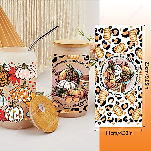 Thanksgiving UV DTF Cup Wrap Transfer for Glass 16oz, Fall Autumn Theme Harvest Pumpkin Maple Leaf Rub on Transfers Stickers Decals for Glass Cups Wood Furniture DIY Waterproof Crafts