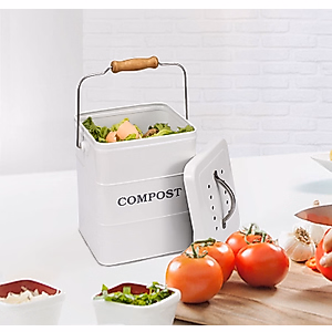 Compost Bin Kitchen Countertop Indoor Compost Pail Bucket, Great for Food Scraps, Carbon Steel, Handles, White, 1 Gallon - Includes Charcoal Filter