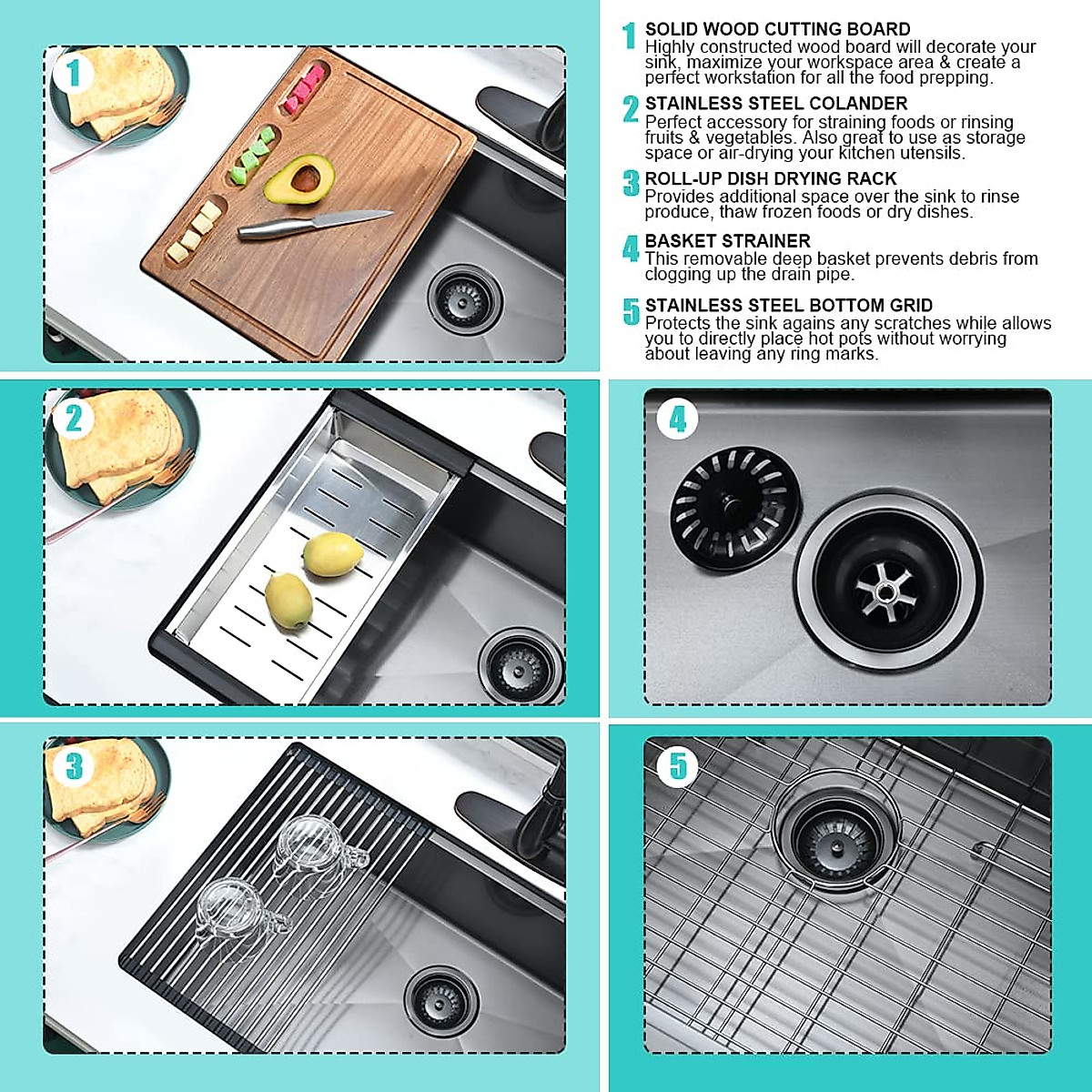 33 Inch Black Stainless Steel Undermount Kitchen Sink - iAnomla 33x19x10 Undermount Workstation Sink 16 Gauge Gunmetal Black Deep Single Bowl Kitchen Sink with Cutting Board & Colander