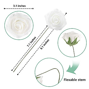 EZFLOWERY Artificial Roses Flowers 25pcs Real Looking Fake Roses w/Stem for DIY Wedding Bouquets Centerpieces Arrangements Bridal Shower Party Home Decorations (White)