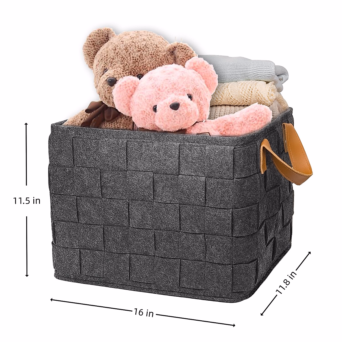 GIB Large Woven Felt Storage Baskets with Handles, 16"x11.8"x11.5" Fabric Wicker Storage Baskets Foldable Collapsible Storage Bins for Blankets Toys Clothes Shoes, Black/Dark Grey, 2 Pack