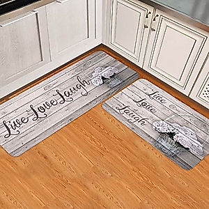 2 Piece Non-Slip Kitchen Mat Rubber Backing Doormat Runner Rug Set Live Love Laugh Vintage Hydrangea Flowers on Wooden Plank Super Absorbent Kitchen Rug Set Door Mats Carpet 15.7"x23.6" + 15.7"x47"
