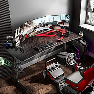 It's_Organized Gaming Desk, 60 Inch Computer Desk Carbon Fiber Surface Gamer Desk with Free Mouse pad, T-Shaped Professional Gaming Table with USB Gaming Rack, Cup Holder & Headphone Hooks, (Black)