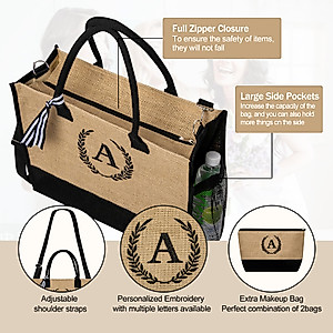 CRSTAFU Beach Tote Bag with Zipper, Burlap Tote Bag for Women, Personalized Monogrammed Birthday Gifts for Women, Bolsos de Mujer with Exquisite Initials Embroidery Pattern (M)