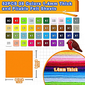 LISUBAN Felt Sheets, 52PCS Felt Fabric,1.4mm Felt, Soft Felt Squares, Colored Felt Sheets for Crafts, Suitable for School, Stuffed, Sewing Project Craft Felt (6 * 6inch-1.4mm)