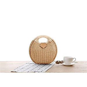 QTKJ Semi-circle Shell Shape Rattan Straw Handbags, Hand-woven Women Summer Retro Straw Round Handle Beach Tote Bag (Khaki)