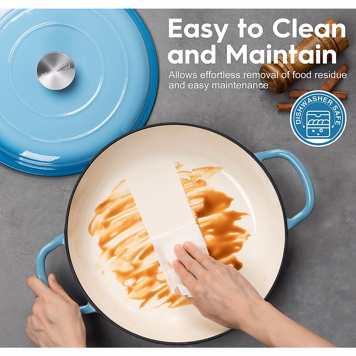 MICHELANGELO Braiser Enameled Cast Iron, 3.5 Quart Braiser Pan with Lid, Nonstick Braiser with Silicone Pads for Heat Insulation, Oven Safe Cast Iron Pan-Sky Blue