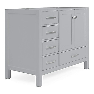 ARIEL 42" Grey Bathroom Vanity Base Cabinet, Right Offset Sink Configuration, 2 Soft Closing Doors, 9 Full Extension Dovetail Drawers, Brushed Nickel
