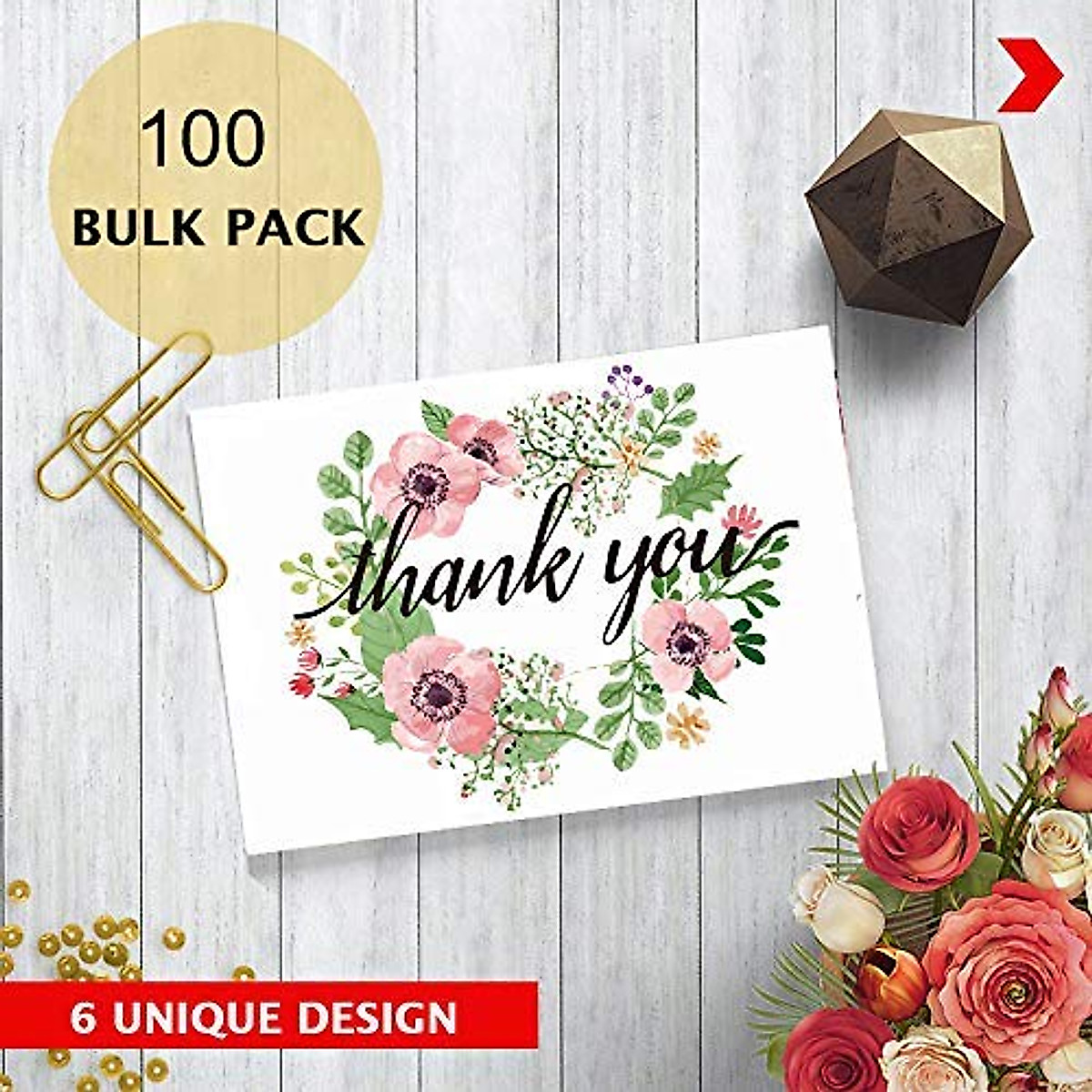 SUPHOUSE Thank You Cards with Envelopes Set, Thank You Cards Small Business,Baby Shower Thank You Cards, Wedding Thank You Cards Greenery Floral Style,100 Bulk Pack