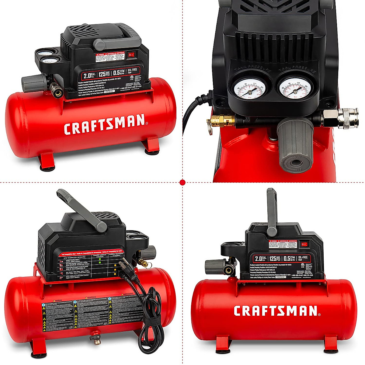 Craftsman Air Tools, 2 Gallon Portable Air Compressor 1/3 HP Oil-Free Max 125 PSI Pressure, Hot Dog, Model: CMXECXA0200243