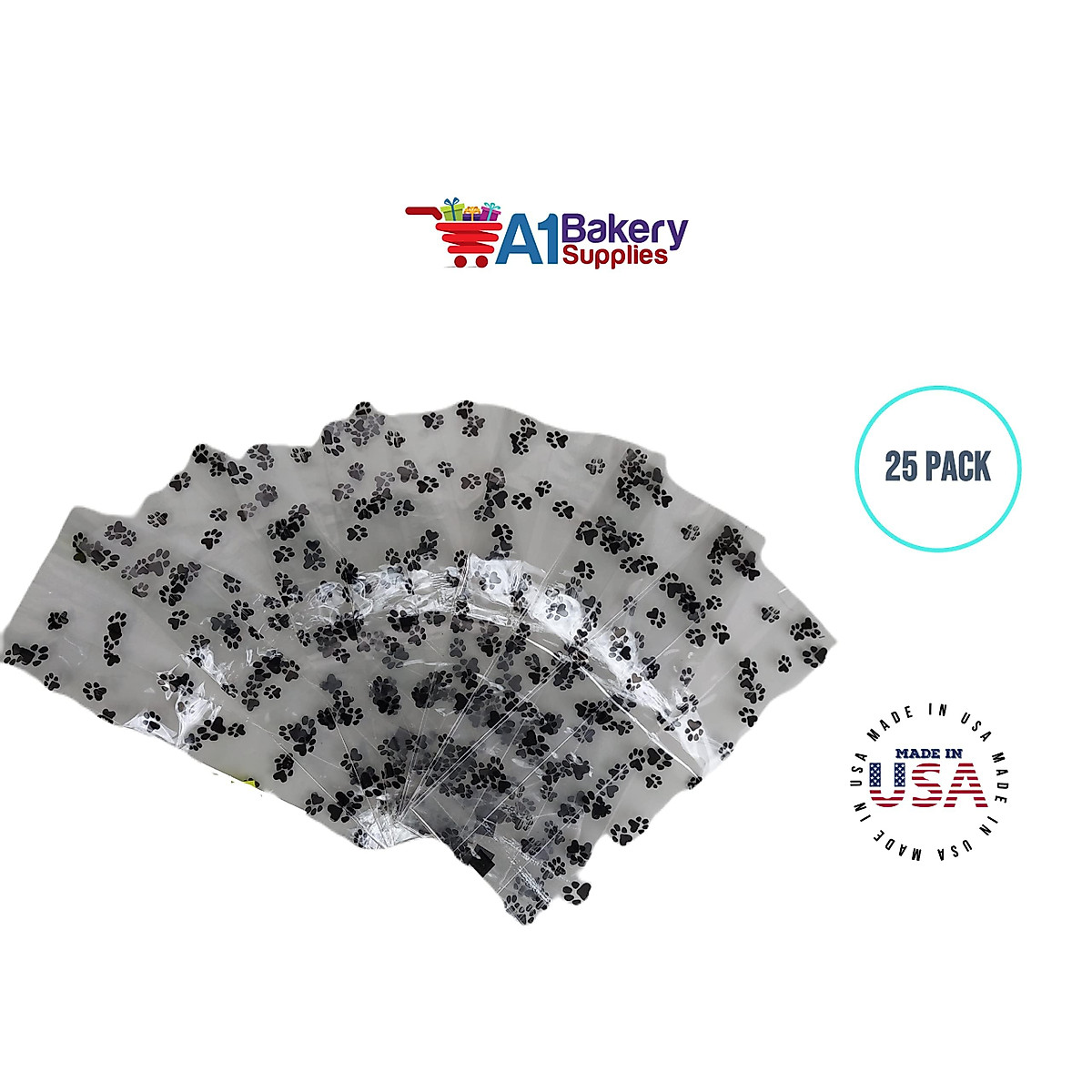 A1BakerySupplies® 25 Pack Paw Print Design Printed Cellophane Bags 4 In X 2 In X 9 In