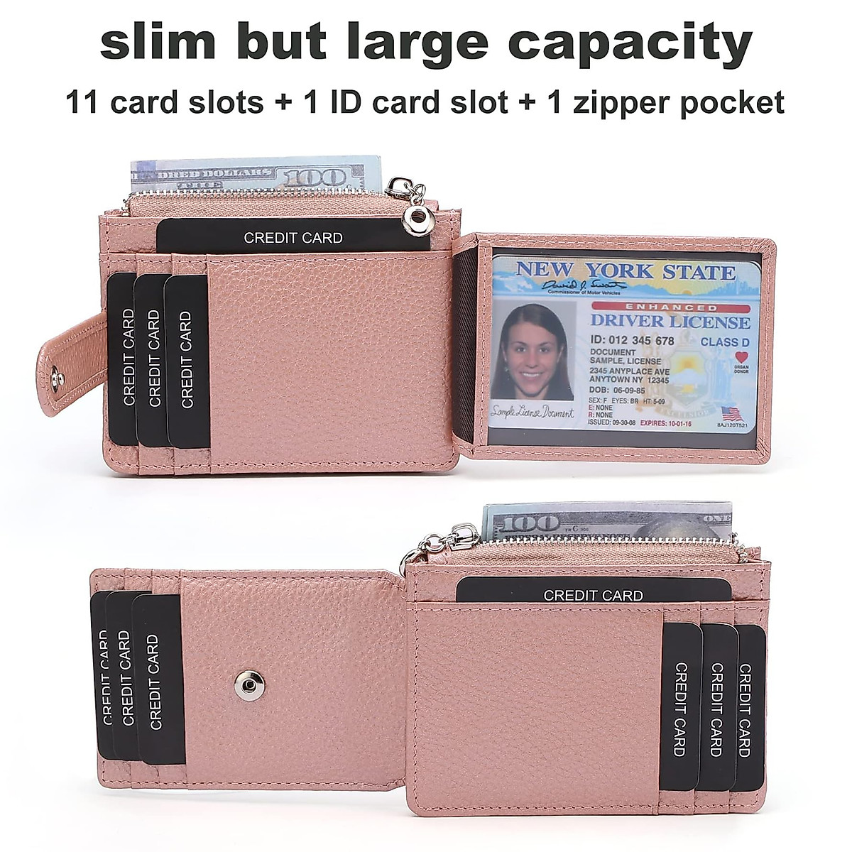Fependu Slim Wallet for Women Thin Womens Card Holder RFID Blocking Genuine Leather Small Wallets Pearl Pink