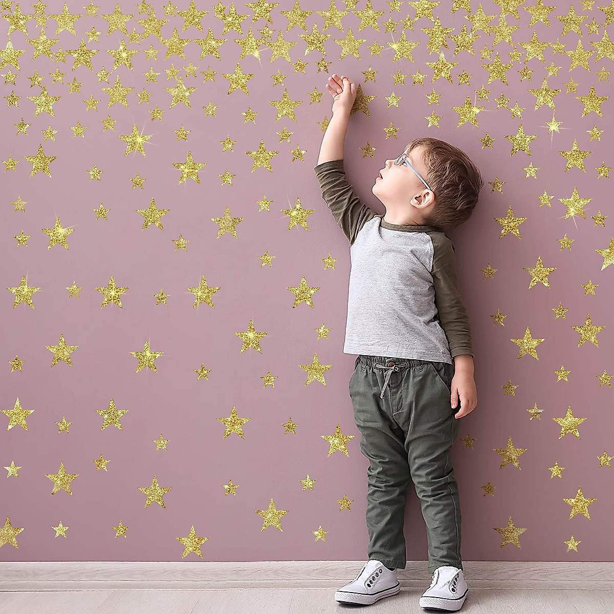 Buiory 63 PCS Removable DIY Gold Glitter Stars Wall Decals Vinyl Sparkle Star Wall Sticker Peel and Stick Art Decor Murals for Children Baby Room Girls Bedroom Nursery Weeding Teens Playroom Door