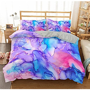 Jingzhang Tie Dye Bed Set Colorful Marble Teen Girl Bedding Watercolor Pastel Pink Blue Purple Duvet Cover Set Marble Abstract Kids Bed Set 3 Piece Bright Girly Bedspreads (King)