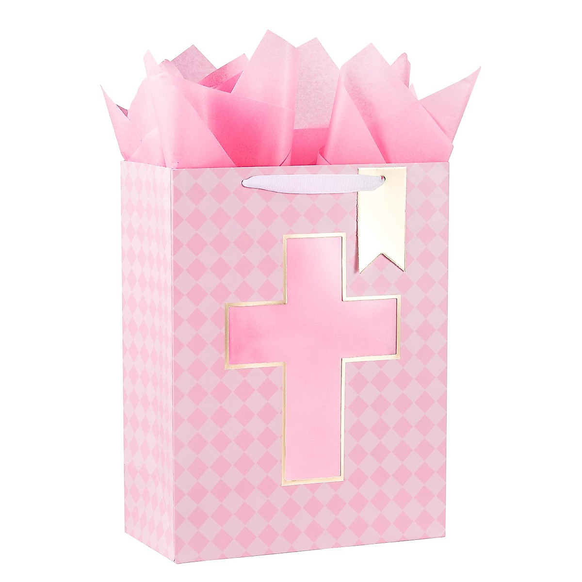 Loveinside Gift Bag with Pink Diamond and Cross Design, Tissue Paper for Baby Girl Baptisms, Christenings, First Communions Religious Occasion - 10" x 5" x 13", 1 Pcs