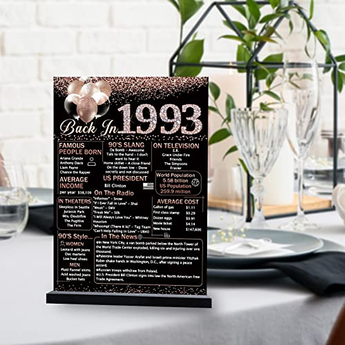 Vlipoeasn 30th Birthday Anniversary Table Decoration 1993 Poster for Women, Rose Gold Back in 1993 Acrylic Table Sign with Wooden Stand, 30 Year Old Birthday Party Centerpieces Gift Supplies