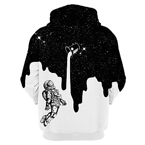 BarbedRose Men's Digital Print Sweatshirts Hooded Top Galaxy Pattern Hoodie,Black White Milk Astronaut,L/XL