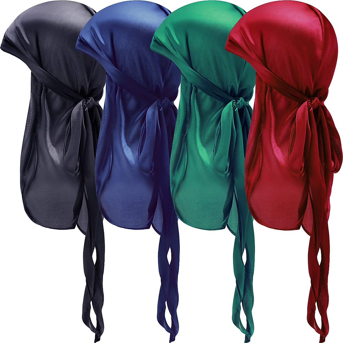 4 Pieces Baby Silky Durags with Long Tail and Wide Straps Kids Satin Durag Caps Child Headwraps for 360 Waves (Black, Wine Red, Green, Navy Blue)