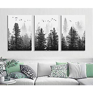Large Canvas Wall art Forest Picture Living room Decoration Black and White art Landscape Wall art Gable Decoration Morning fog Mountain Art Fog Forest Bird 40cmX60cm X3 Panel Modern Home Decoration
