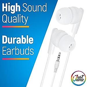 JustJamz Bulk Earbuds 100 Pack | Basic Ear Bud, Pearl White in-Ear Earbuds, Disposable Headphones, Class Set of Earphones for Students, Class, School, Kids, Classroom & Library