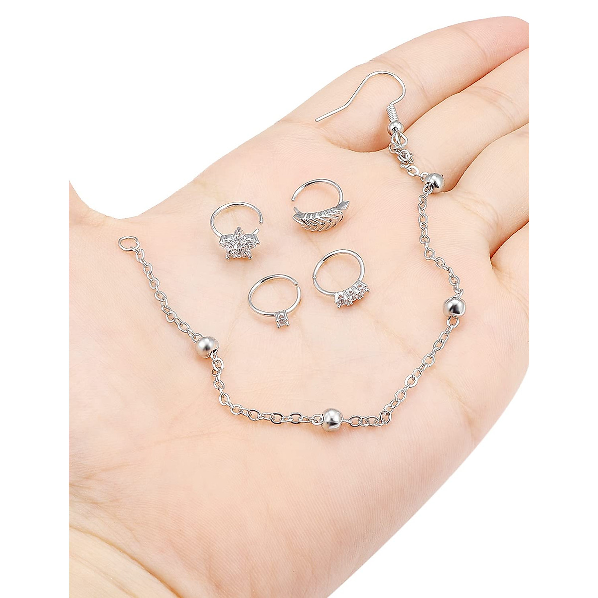 Boernfnso Nose Rings Hoop Chain Nose Septum Ring CZ Diamonds Surgical stainless steel Nose Rings with Chain Nose to Ear Chain Nose Ring Body Jewelry, Silver Tone