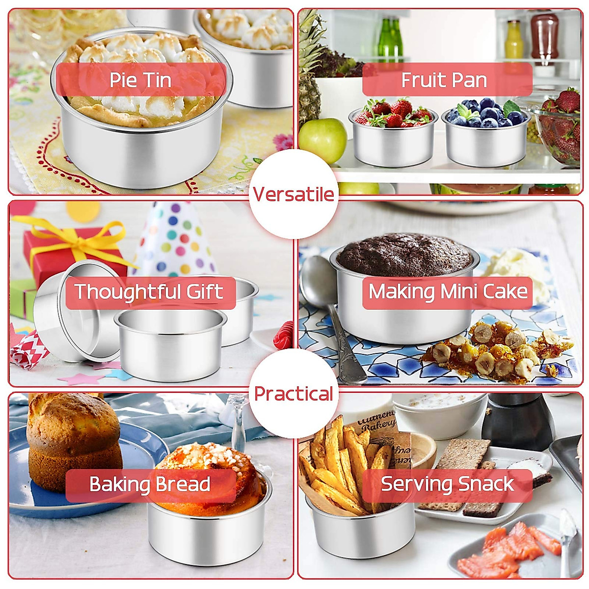 TeamFar 4 Inch Cake Pan, Mini Cake Pan Small Round Baking Tins Set Stainless Steel, For Baking Steaming Serving, Healthy & Sturdy, Easy Clean & Dishwasher Safe - Set of 3