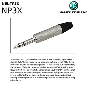 10 Foot - Gotham GAC-4/1 Star-Quad Stereo Headphone Extension Cable & Neutrik TRS Plug to Neutrik-Rean ¼ inch 3-Pole Jack + 3.5 mm Plug to ¼ inch Jack Adapter - Custom Made by WORLDS BEST CABLES
