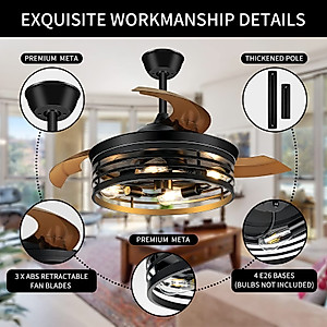 NEWORB 42Inch Retractable Ceiling Fans with Lights Remote Control Black Caged Ceiling Fans Farmhouse Vintage Industrial Ceiling Fan with Lights for Living Room Bedroom Kitchen Patio