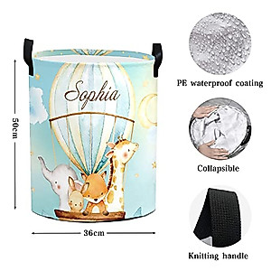 Hot Air Balloon Animals Large Laundry Basket Custom Name Foldable Clothes Bag Collapsible Fabric Laundry Hamper Folding Washing Bin for Gift, 19.69''(height)x14.17''(diameter)
