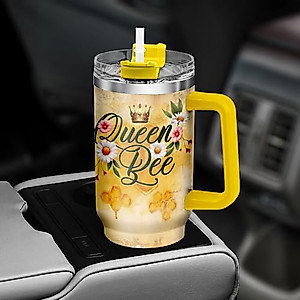 99OWL Tumbler 40 Oz With Handle Lid And Straw, Queen Bee Crown Floral, Bee Gifts, Flower Tumblers Handle Daisy Yellow, Bee Double Wall Vacuum Floral Coffee Hot And Iced Yellow