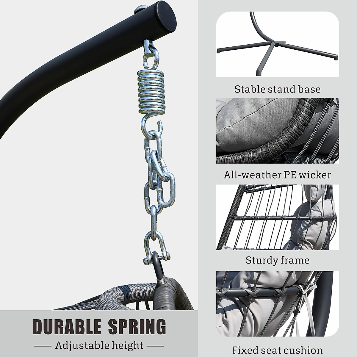 HWB Hanging Egg Chair with Stand, Patio Wicker Hammock Egg Swing Chair with Cushion for Bedroom Garden Indoor Outdoor (Grey)