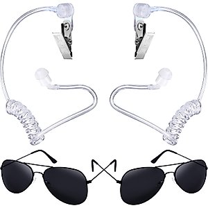 Gejoy 4 Pieces Secret Service Costume Cosplay Set Security Earpiece Earplugs Acoustic Tube Ring Bearer Headset and Sunglasses Ring Wedding Bearer Security (Black Glasses Frame)